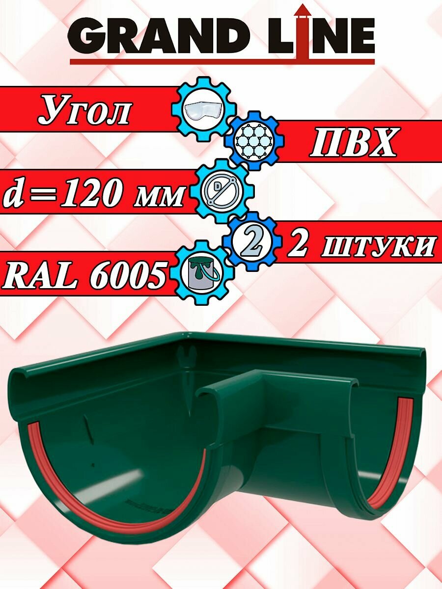 Угол желоба 2 штуки 90 Grand Line внешний/внутренний ПВХ зеленый мох RAL 6005 (d 120 мм) для водосточной системы ГЛ (120/90) элемент водостока для крыши