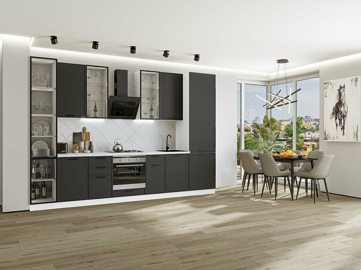 Кухонный гарнитур прямой 3,4 м. со столешницей, полки стекло, Фрейм-06 2340*3400*600 Stormy Silk