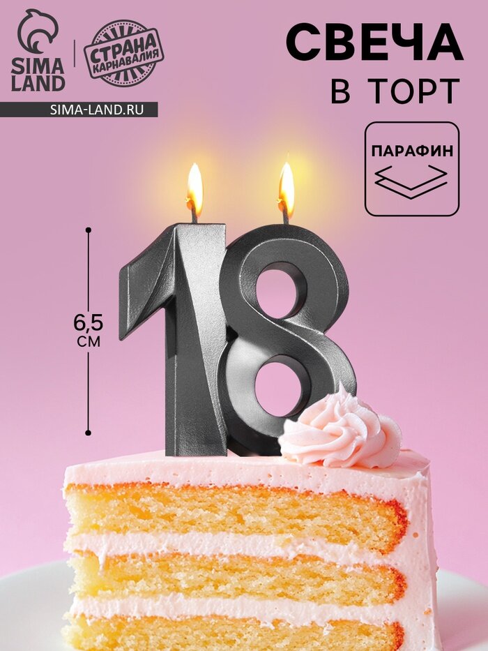 Свеча в торт юбилейная Грань, цифра 18, графит, 6.5 см, 2 шт.