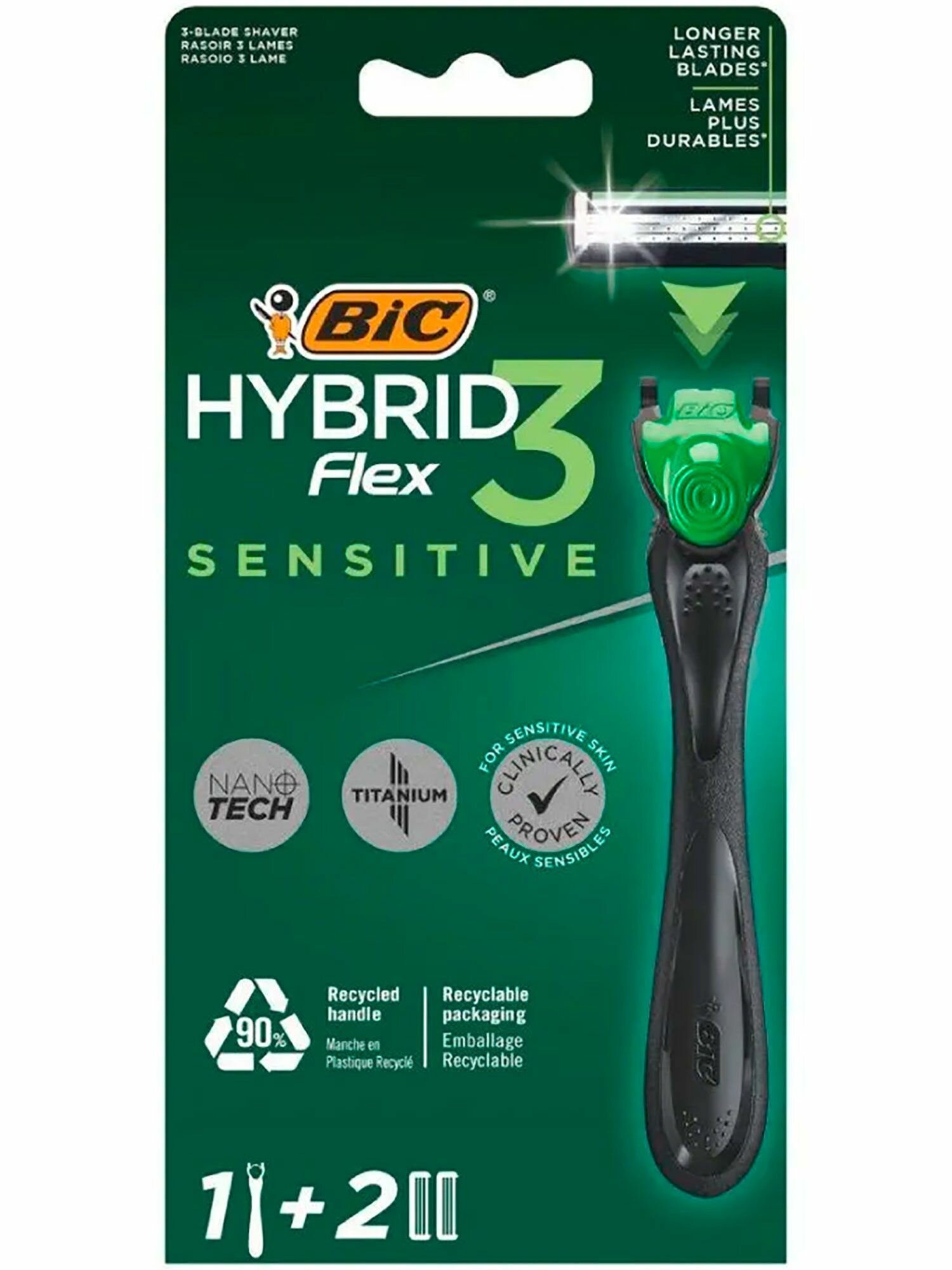 Bic Бритва Flex 3 Hybrid Sensitive (1 станок, 2 кассеты), 3 лезвия