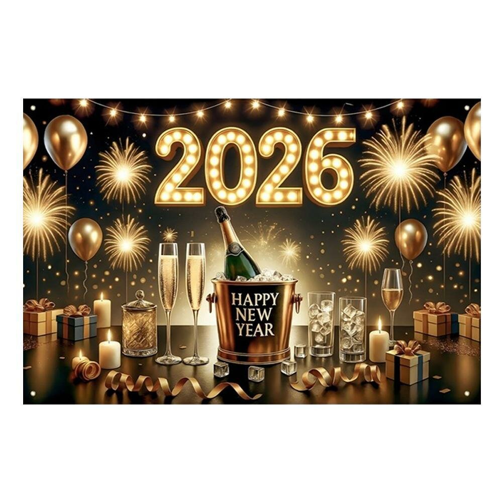 2026 New Year Flat Backdrop, Elegant Black and Gold Balloon Garland & Banner Design for New P9T7