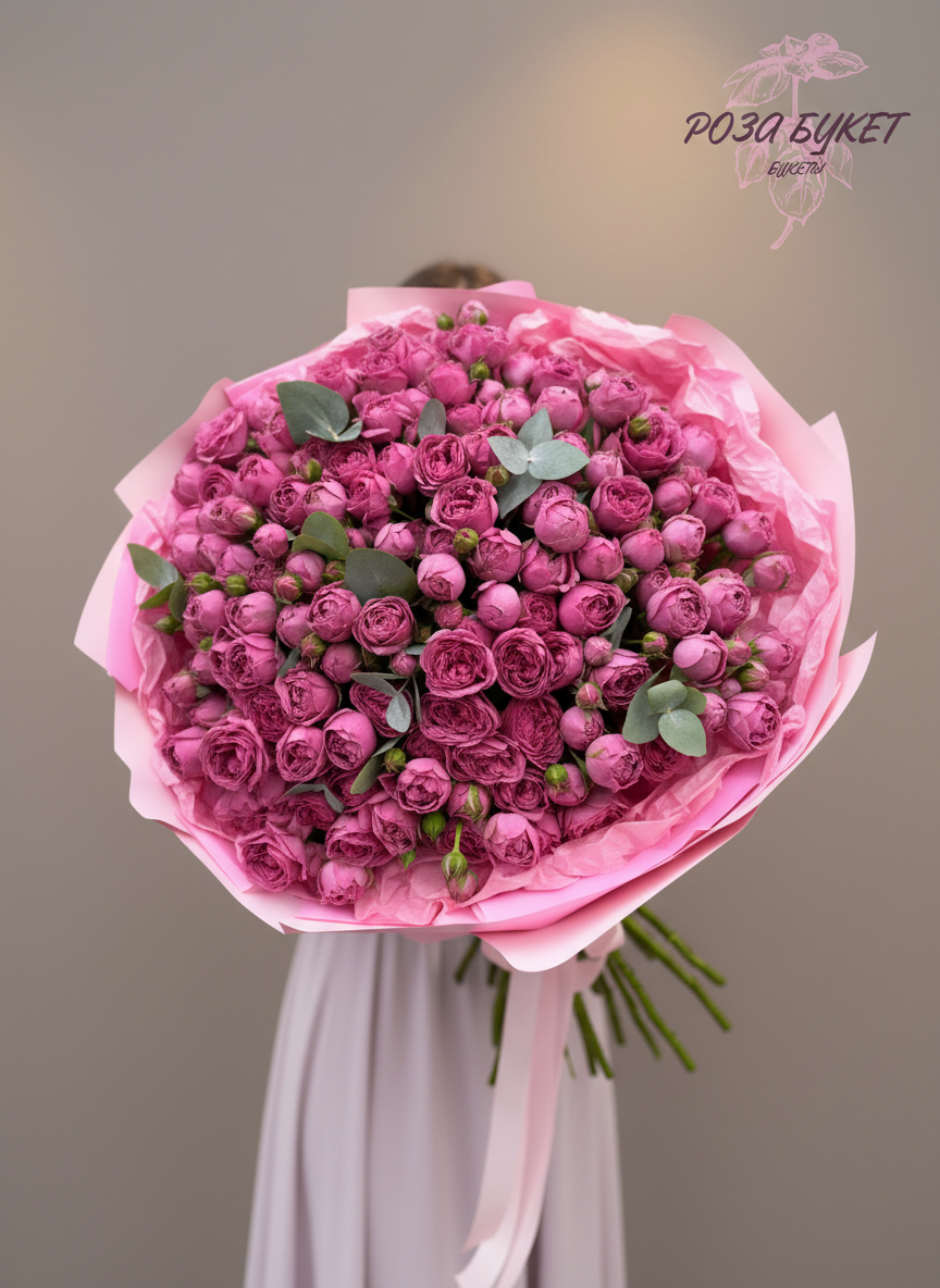 Букет цветов, Букет из розовых кустовых роз 51 шт с эвкалиптом, красивый букет , шикарный, премиум цветы, долгий букет
