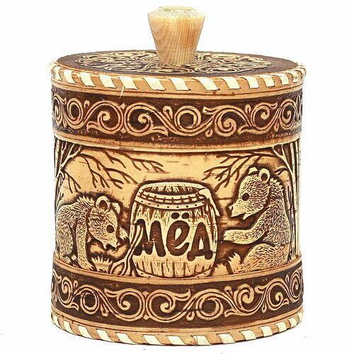 Туес "Медведь" 600 мл. 10*10*12 . Береста. Ручная работа.