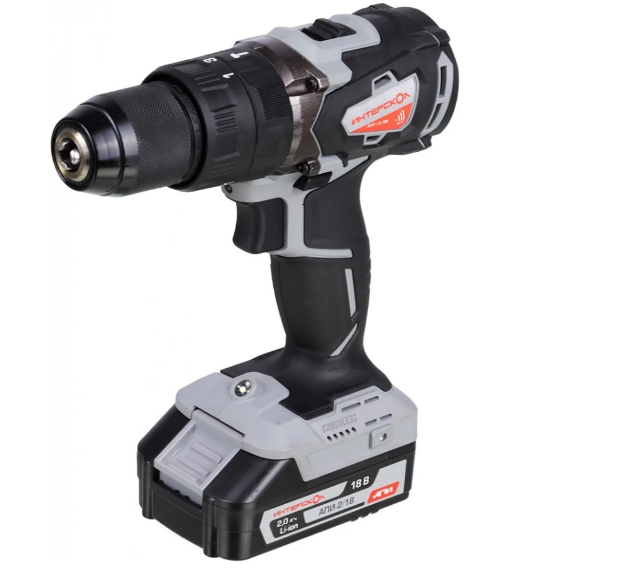 Бесщеточная аккумуляторная ударная дрель-шуруповерт ИНТЕРСКОЛ ДАУ-13/18В 60 574.2.2.70, серый/черный
