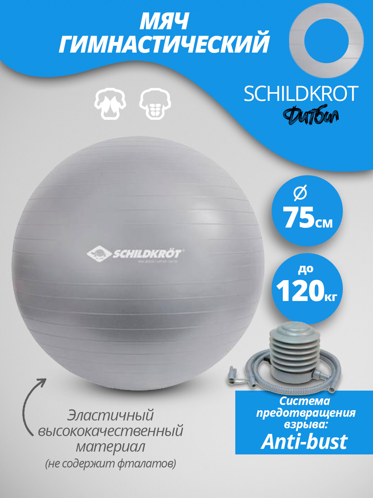 Мяч гимнастический, фитбол SCHILDKROT 75см, с насосом и дополнительным клапаном