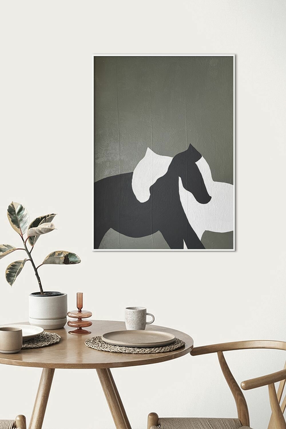 Картина на стену из гипса ручной работы DECORMARKT Две лошади, в белой рамке 50х70 см