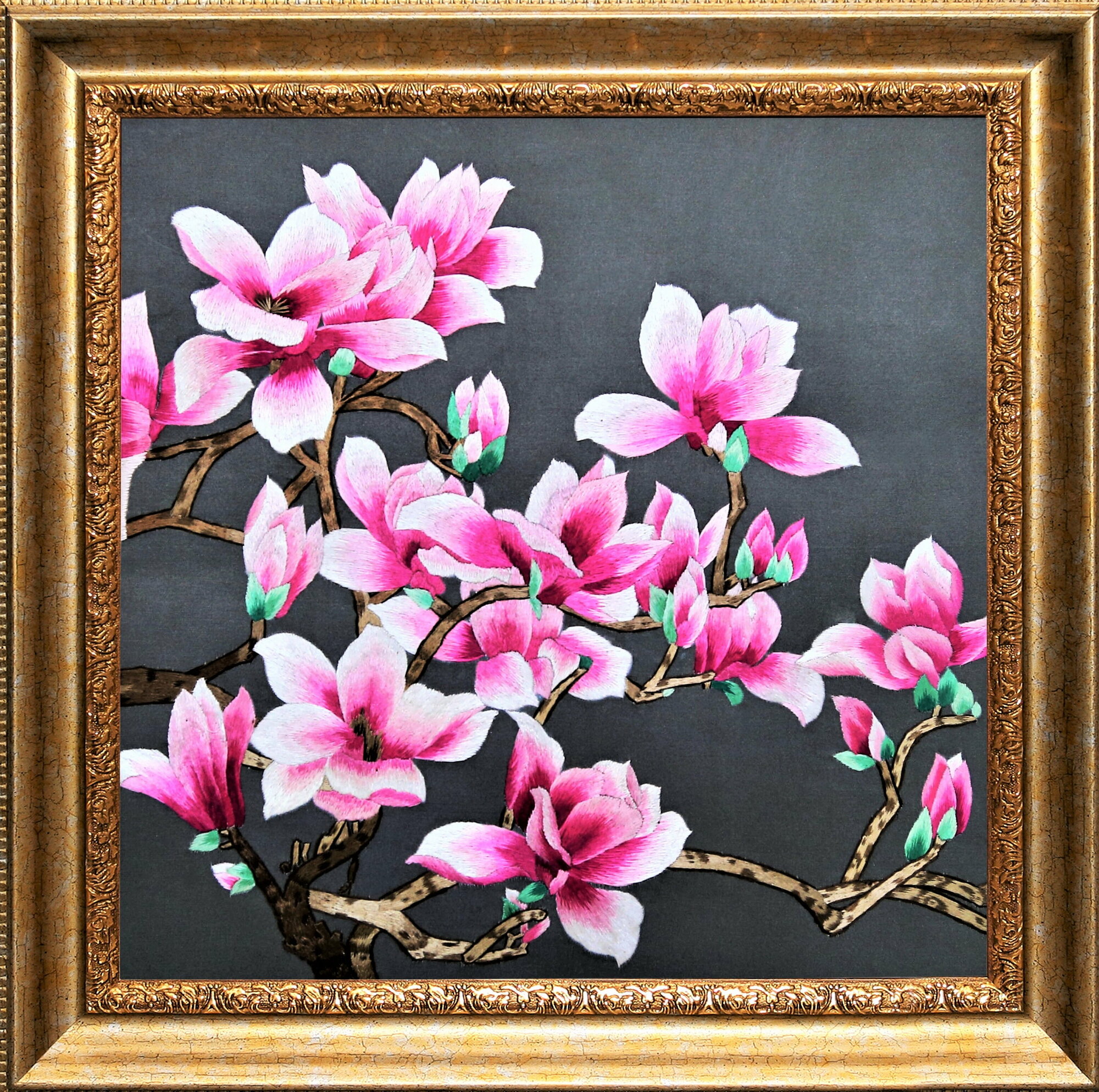 Декоративная настенная картина Живой Шелк"Романтика магнолии", вышивка шелком ручная с 3Dэффектом(64х64х3 см)в багете