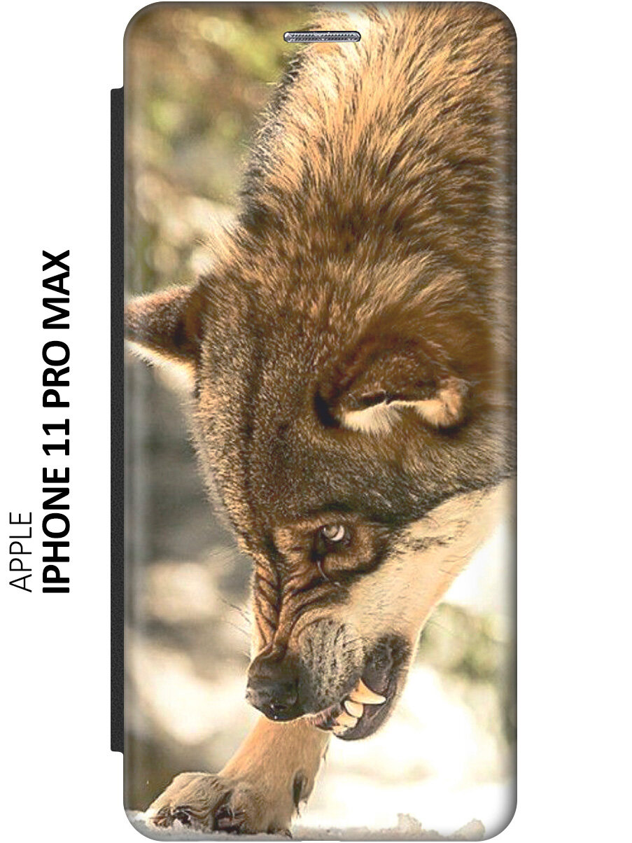 Чехол-книжка на Apple iPhone 11 Pro Max / Эпл Айфон 11 Про Макс с рисунком "Лютый волк" черный