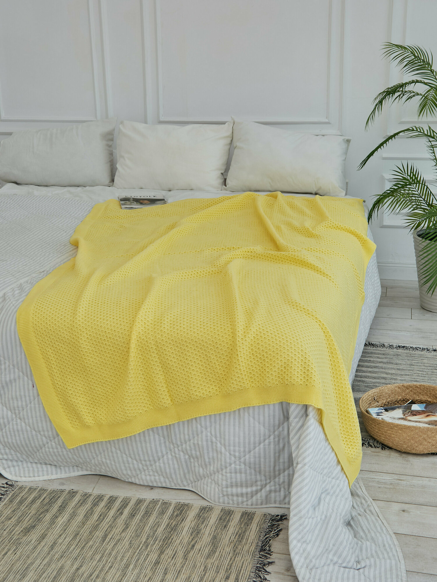 Плед-покрывало AlmaForHome "HoneyMeadow", вязанный, хлопок, акрил, 1,5-спальный, 140x215 см, жёлтый