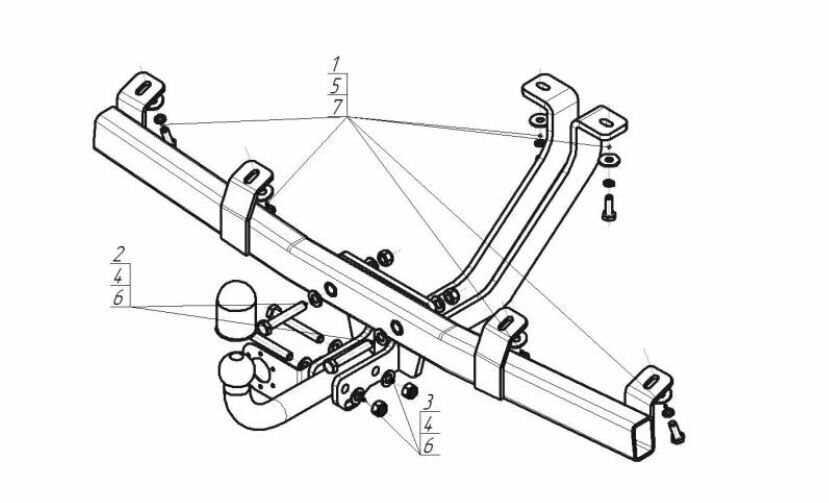 Фаркоп с оцинк. шаром Chevrolet Niva 2123 4x4 в штатные места 2002-2020, Lada Niva 2020-2021, Lada Niva Travel 2021- крепление шара на двух болтах, (без электрики, паспорт и сертификат в комплекте) Motodor.93001-A