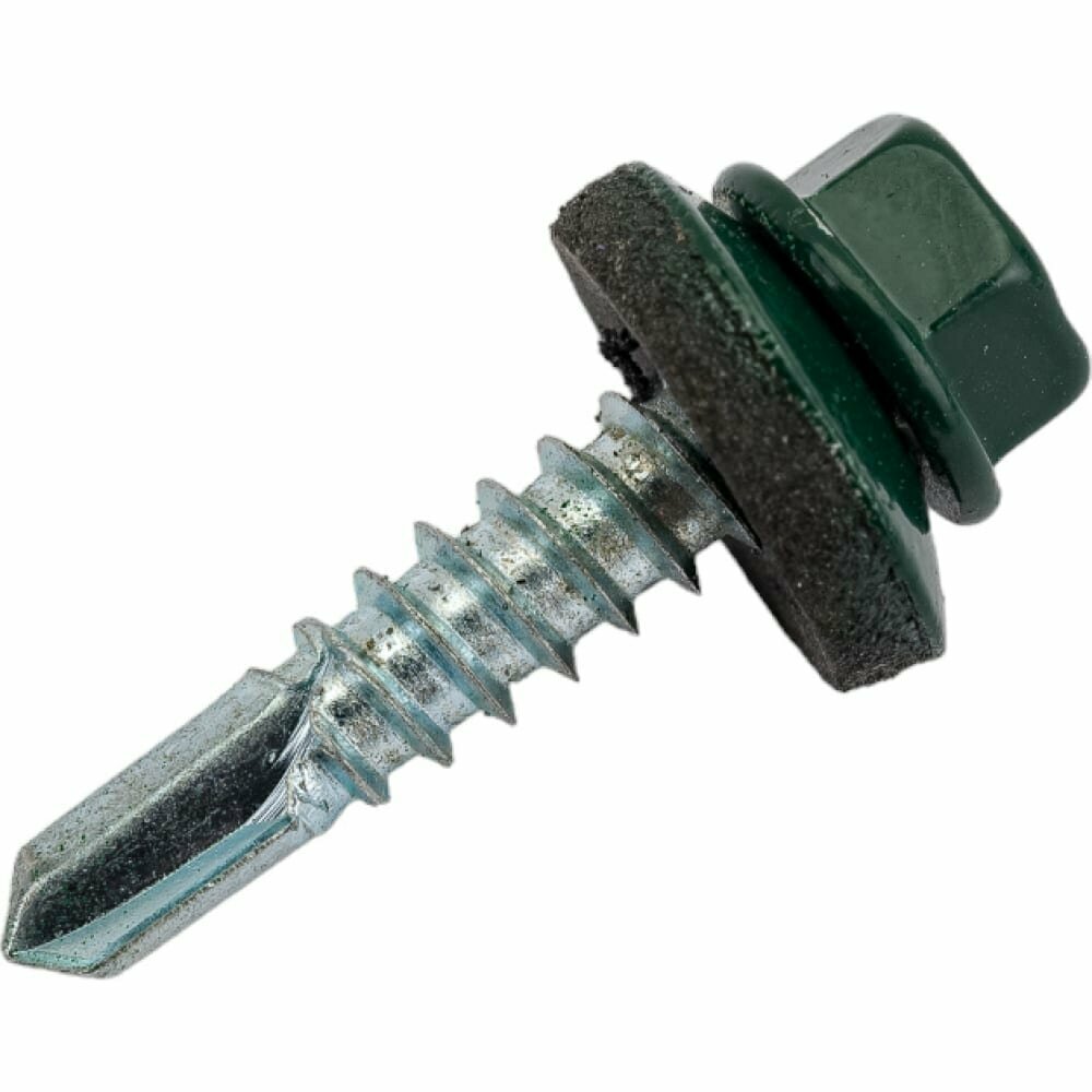 Кровельный саморез крепеж зеленый мох RAL 6005, оцинкованный стальной корпус, шестигранная головка, пресс‑шайба