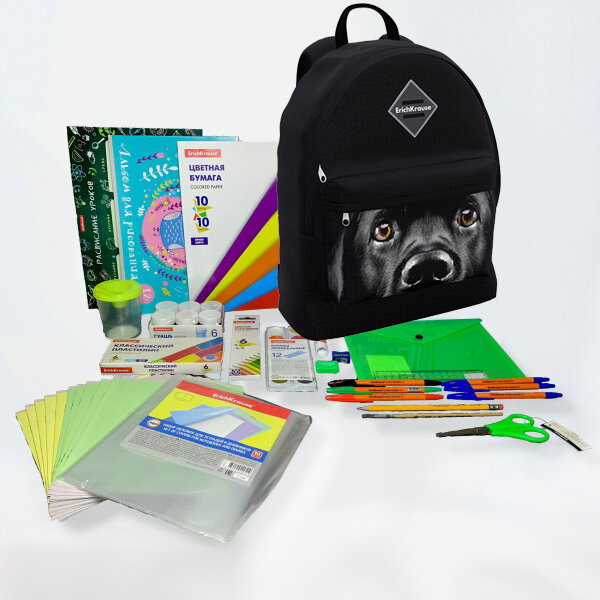 Набор первоклассника с наполнением Море Рюкзаков 43 предмета maximus "2" в рюкзаке Black Dog из канцелярских товаров Erich Krause