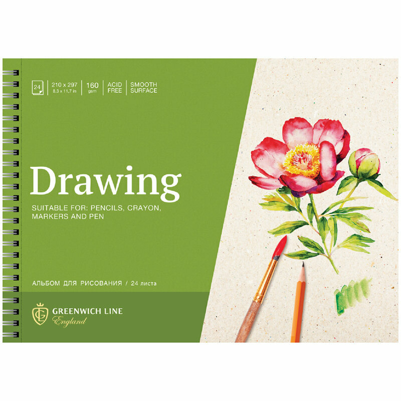 Альбом для рисования 24л, А4, на гребне Greenwich Line "Botanical. Peony", глянц. ламинация, 160 г/м2, перфорация на отрыв