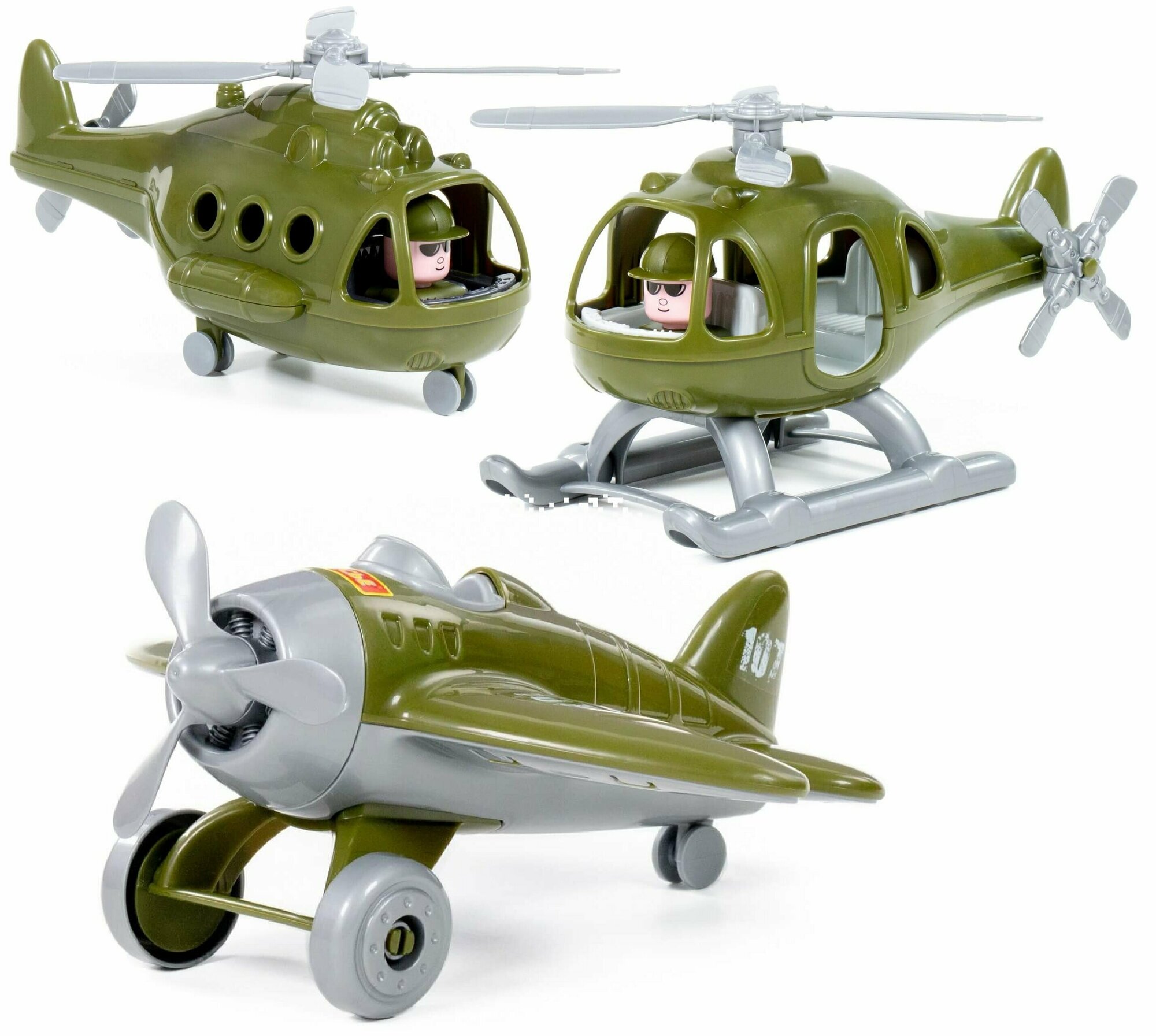 Детские военные вертолеты Альфа и Гром и военный зеленый самолет Полесье