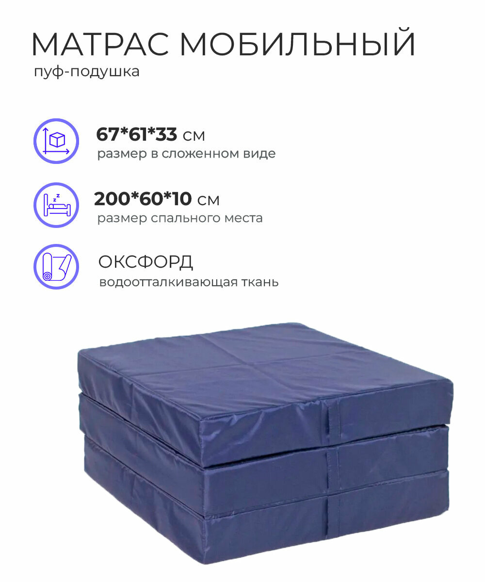 Пуф-матрас трансформер раскладной складной мобильный 200*60см оксфорд 3 секции со съемным чехлом поролон, Черно-синий