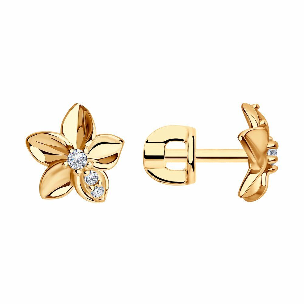 Серьги пусеты, серебро, 925 проба, золочение, фианит