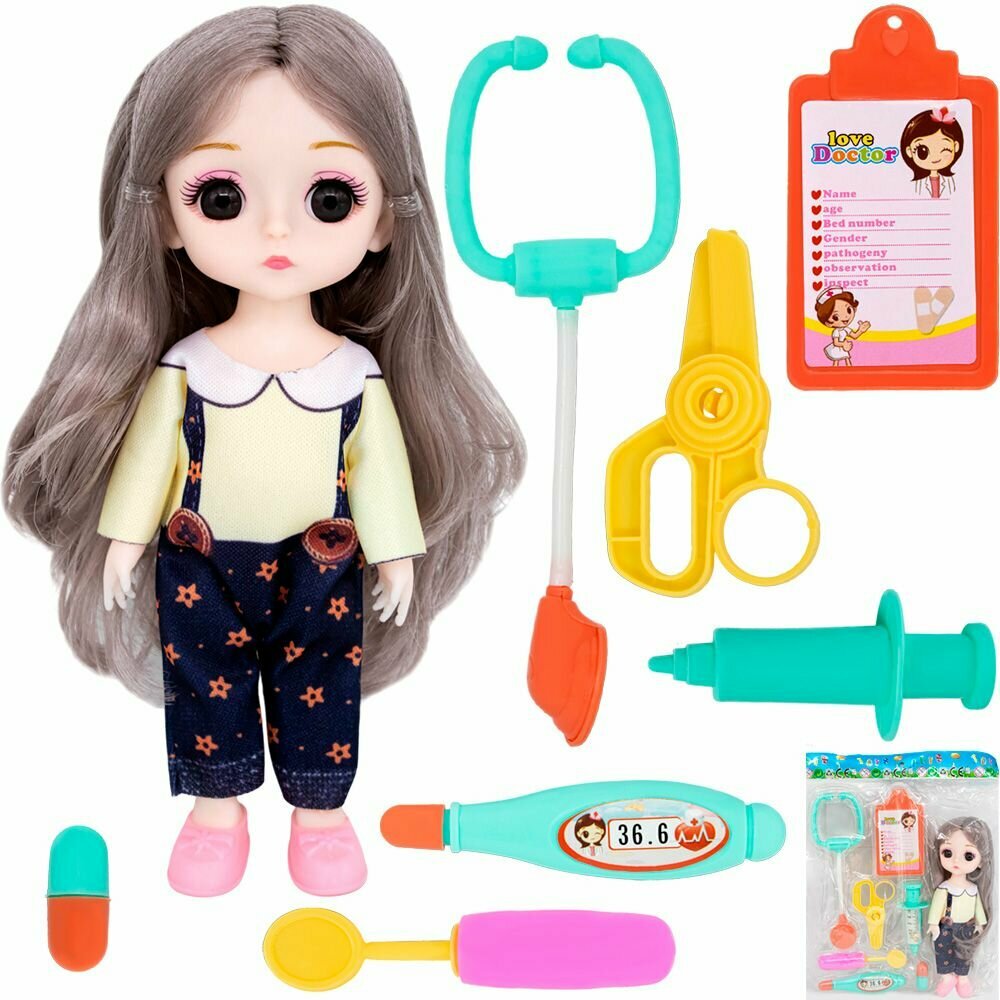 Кукла малышка шарнирная 15см. с набором доктора в пак.