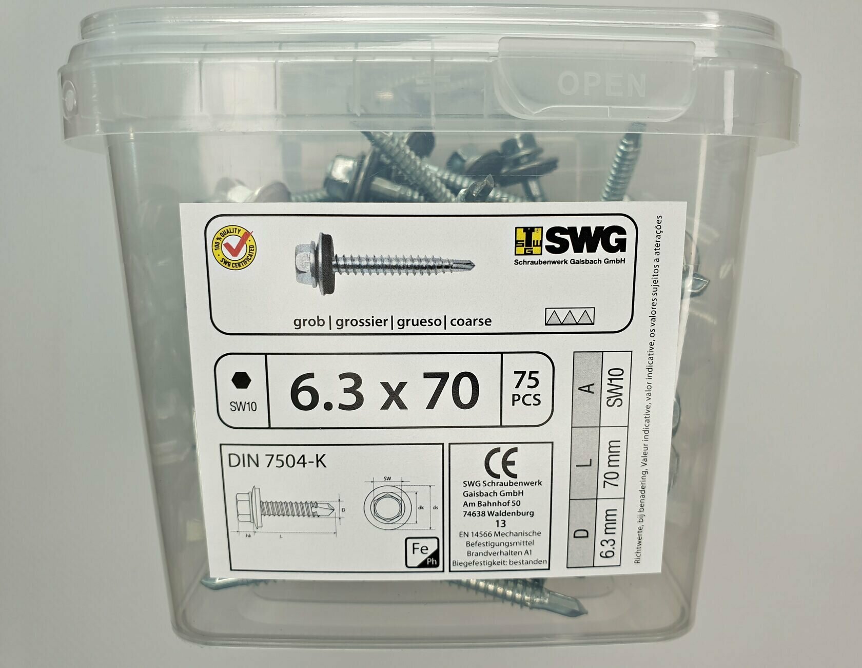 Саморез кровельный по металлу DIN 7504-K 6.3x70 SW10 (75 pcs) SWG, Германия
