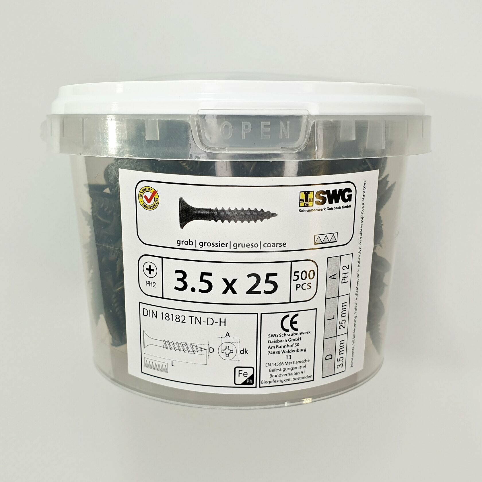 Саморез по гипсокартону потайная голова с двухзаходной мелкой резьбой (РН-2) DIN 18182 Тип TN-D-H (без бура) 3.5x25 (500 pcs) SWG, Германия