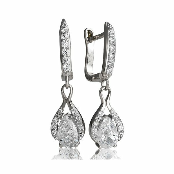 Серьги с подвесками, серебро, 925 проба, родирование, фианит