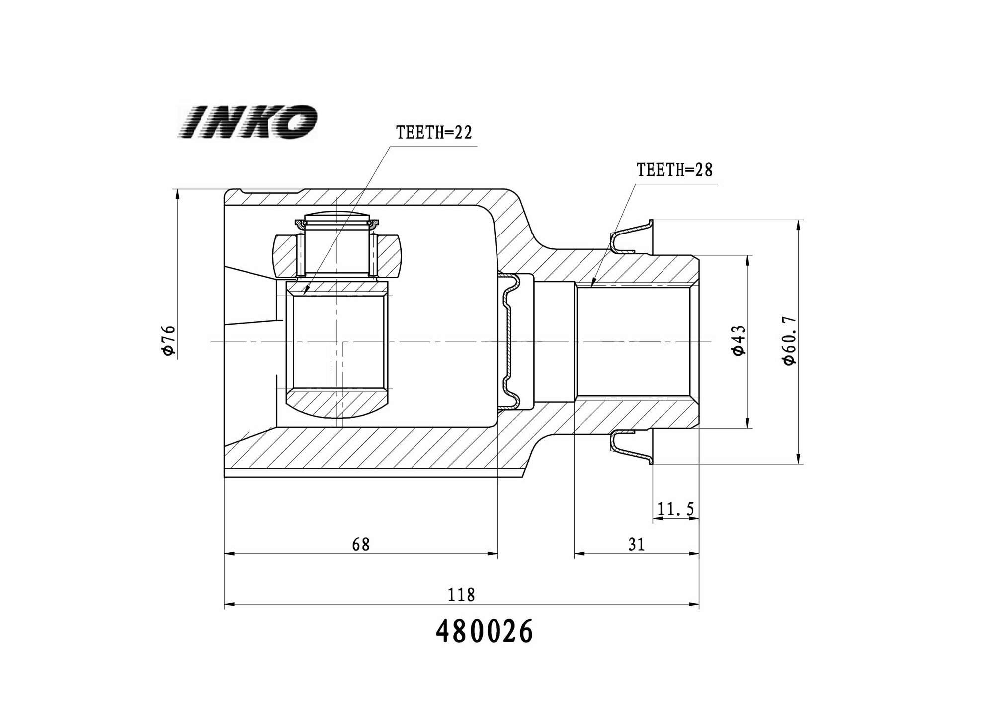 ШРУС внутренний 28 22 перед прав INKO 480026