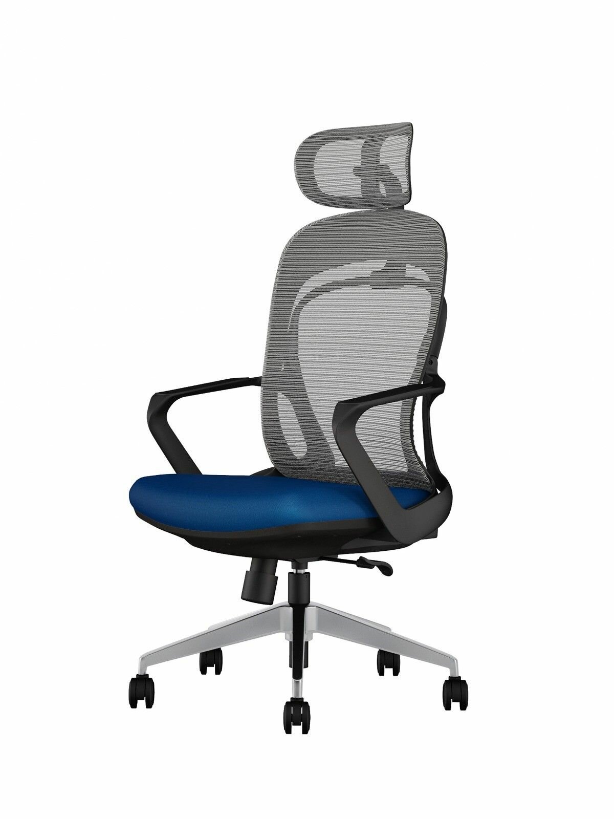 Кресло компьютерное D&M - Кресло омега сетка/ткань, серая/синяя, чёрный пластиковый каркас, алюминиевая крестовина