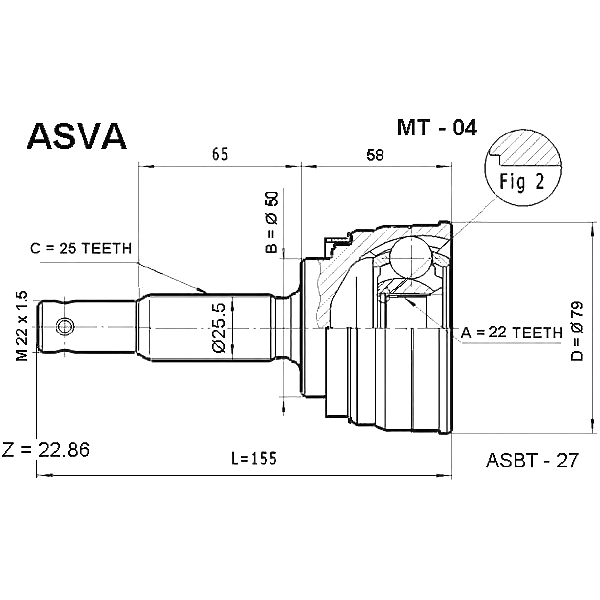 ASVA mt-04 (4950528B00 / 4950528B01 / 4950721A00) шрус наружный 22x50x25 Mitsubishi (Мицубиси) Mitsubishi (Мицубиси) : mmc