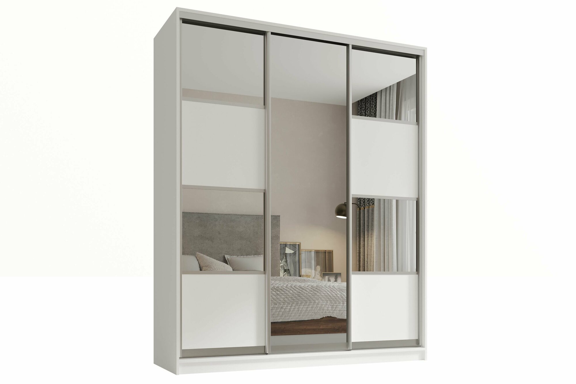 Шкаф купе, для одежды Линц 3, Легкомаркет, 160х60х240, белье/платье/белье, белый, профиль серебро, с зеркалом