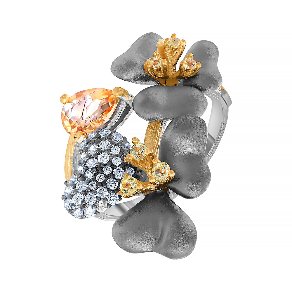 Кольцо, серебро, 925 проба, фианит, цитрин, перидот