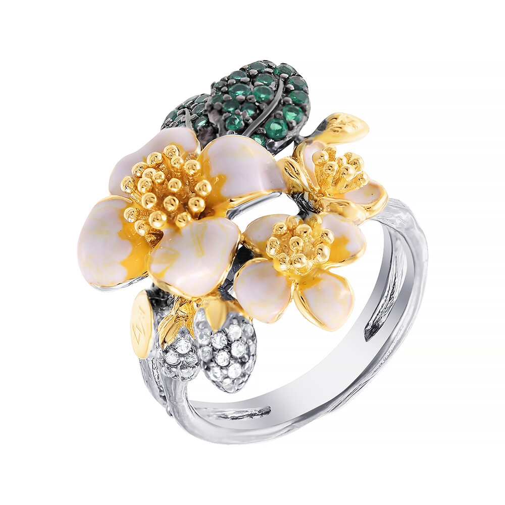 Кольцо, серебро, 925 проба, шпинель, топаз, эмаль