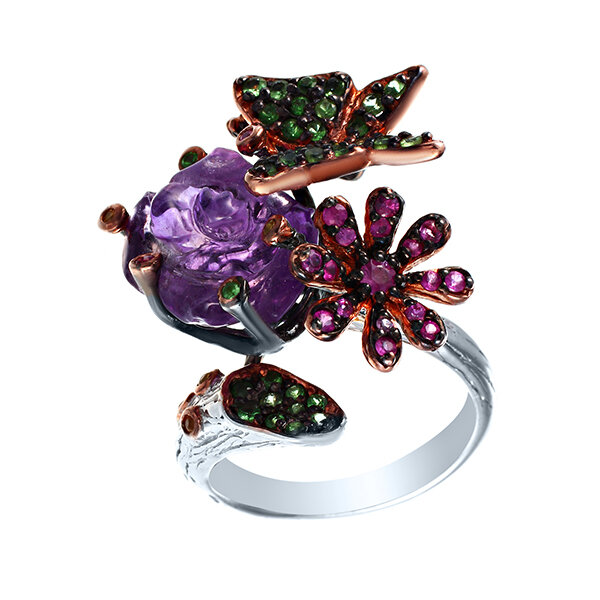 Кольцо, серебро, 925 проба, аметист, сапфир, цаворит