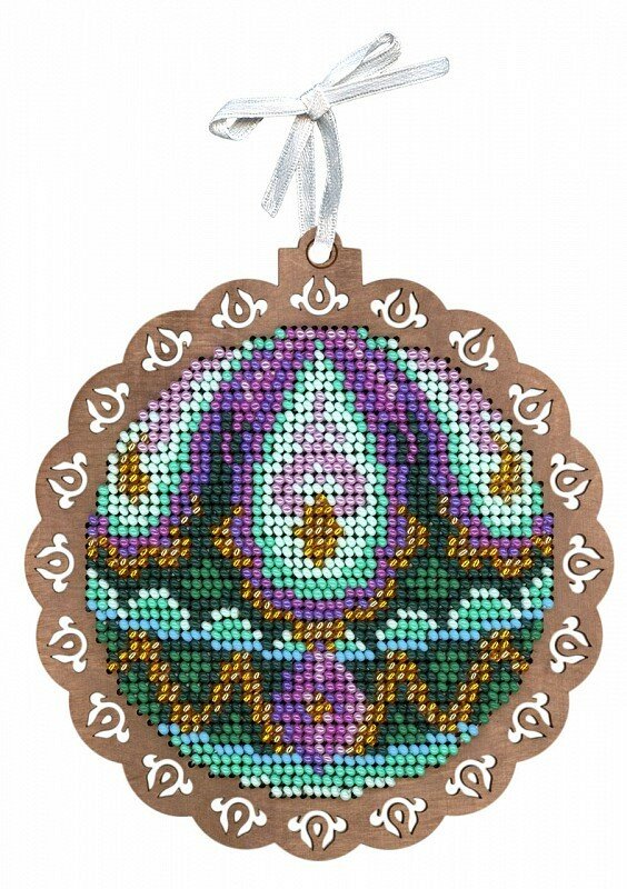 Набор для вышивания Щепка #О-087 Ёлочная игрушка "Павлинье очарование", Вышивка бисером, 12 х 12 см