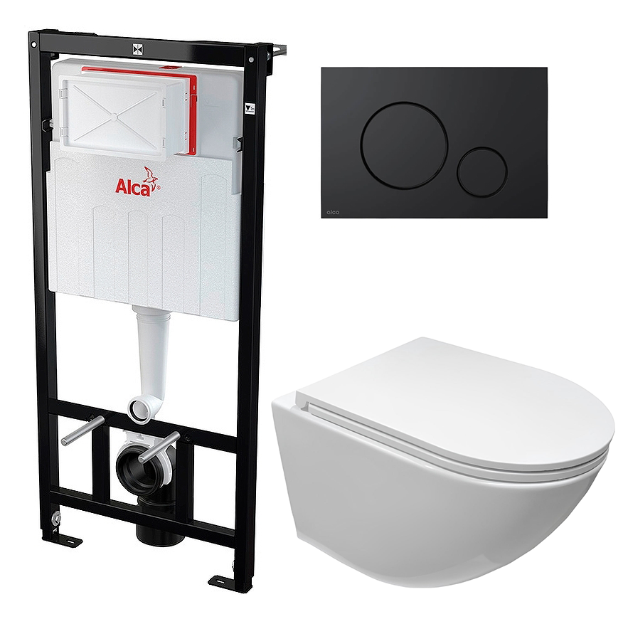 Комплект 3 в 1 инсталляция AlcaPlast + Унитаз подвесной CeruttiSpa Sella aria CT7183 + черная кнопка