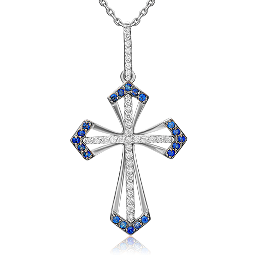 Подвеска, белое золото, 585 проба, сапфир, бриллиант