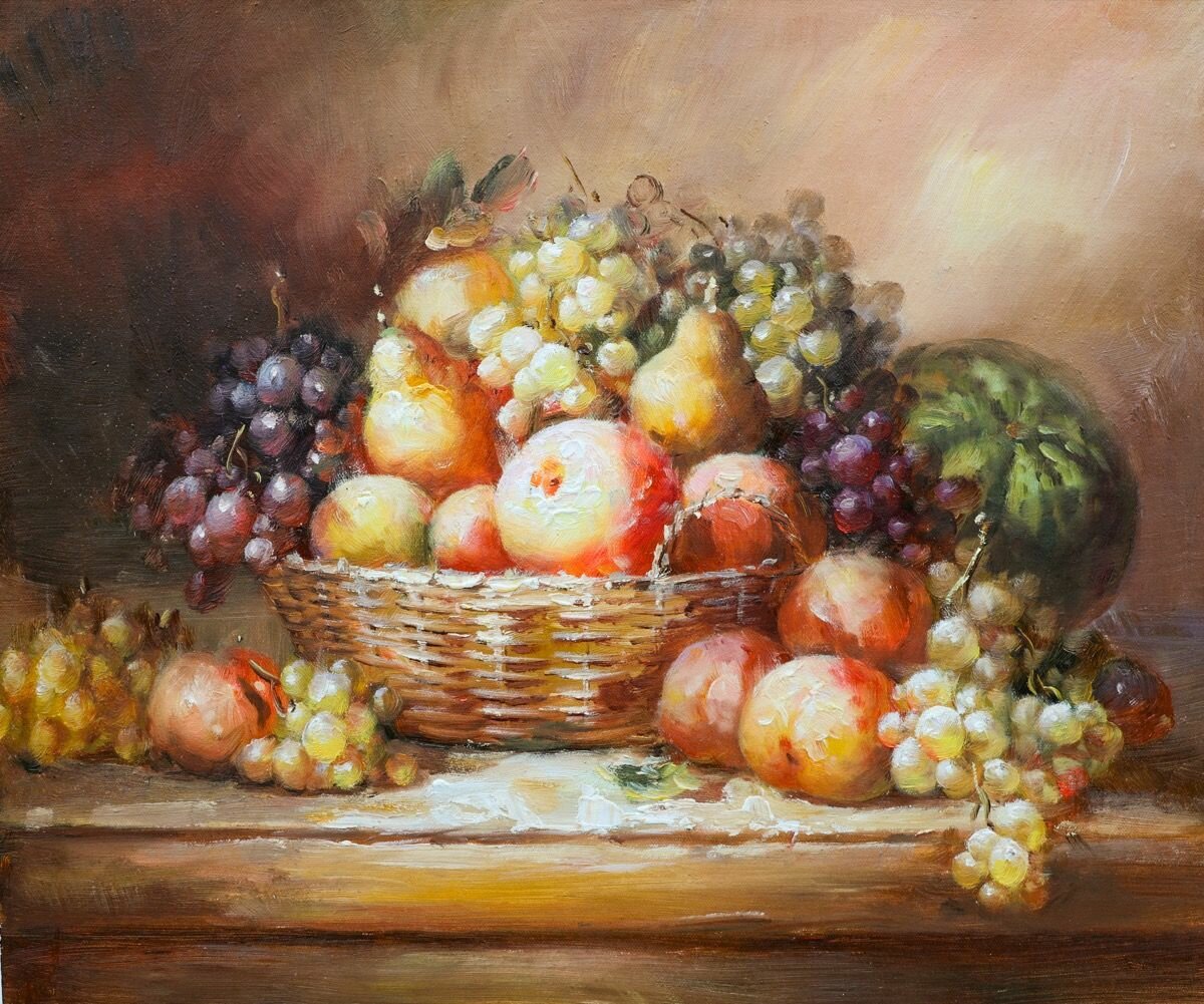 Картина маслом "Корзина с фруктами и арбузом" 50х60см