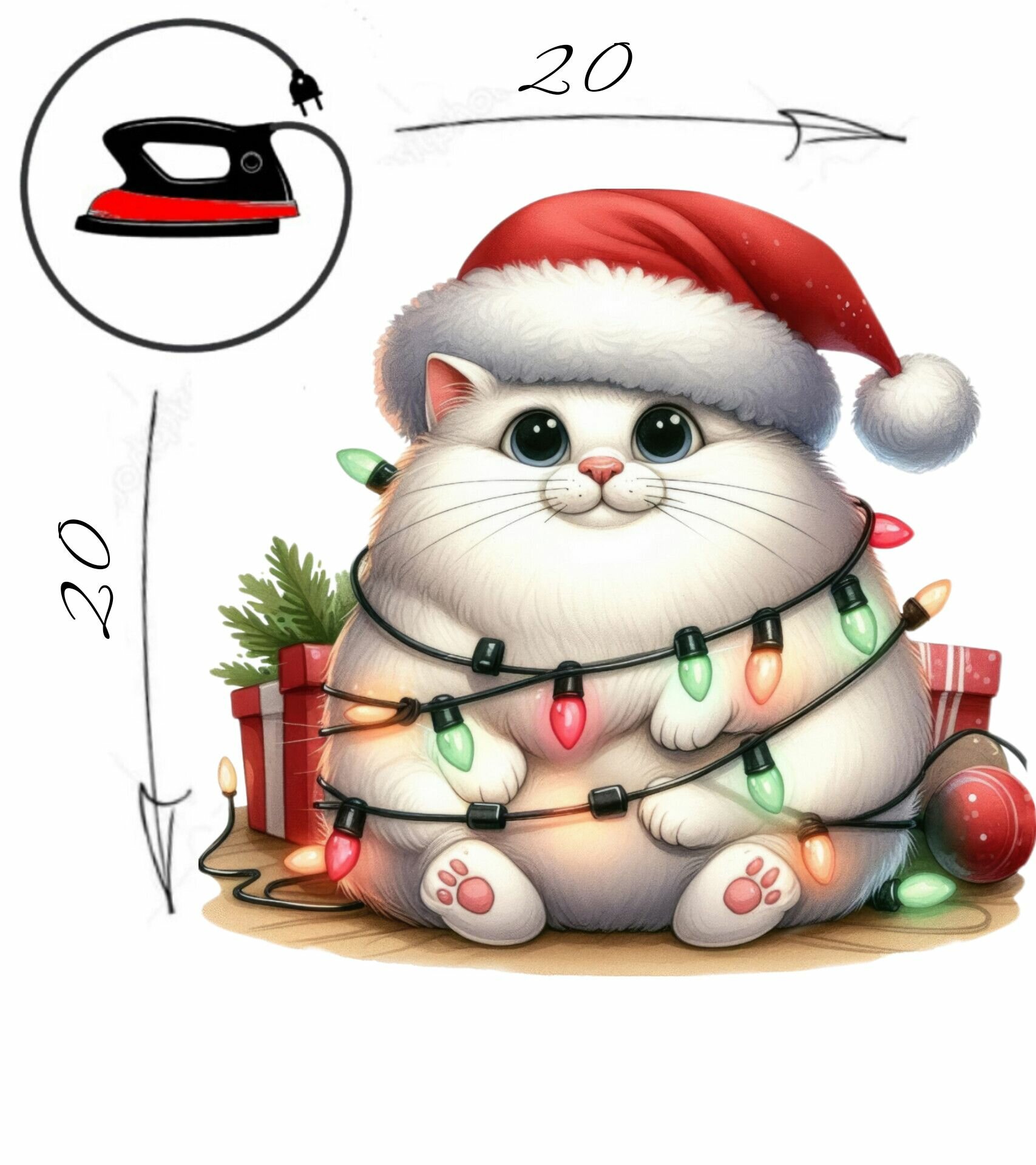 Термотрансфер "Кот с гирляндой", наклейка на одежду, 20х20