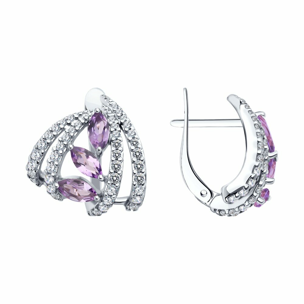 Серьги, серебро, 925 проба, родирование, аметист, фианит