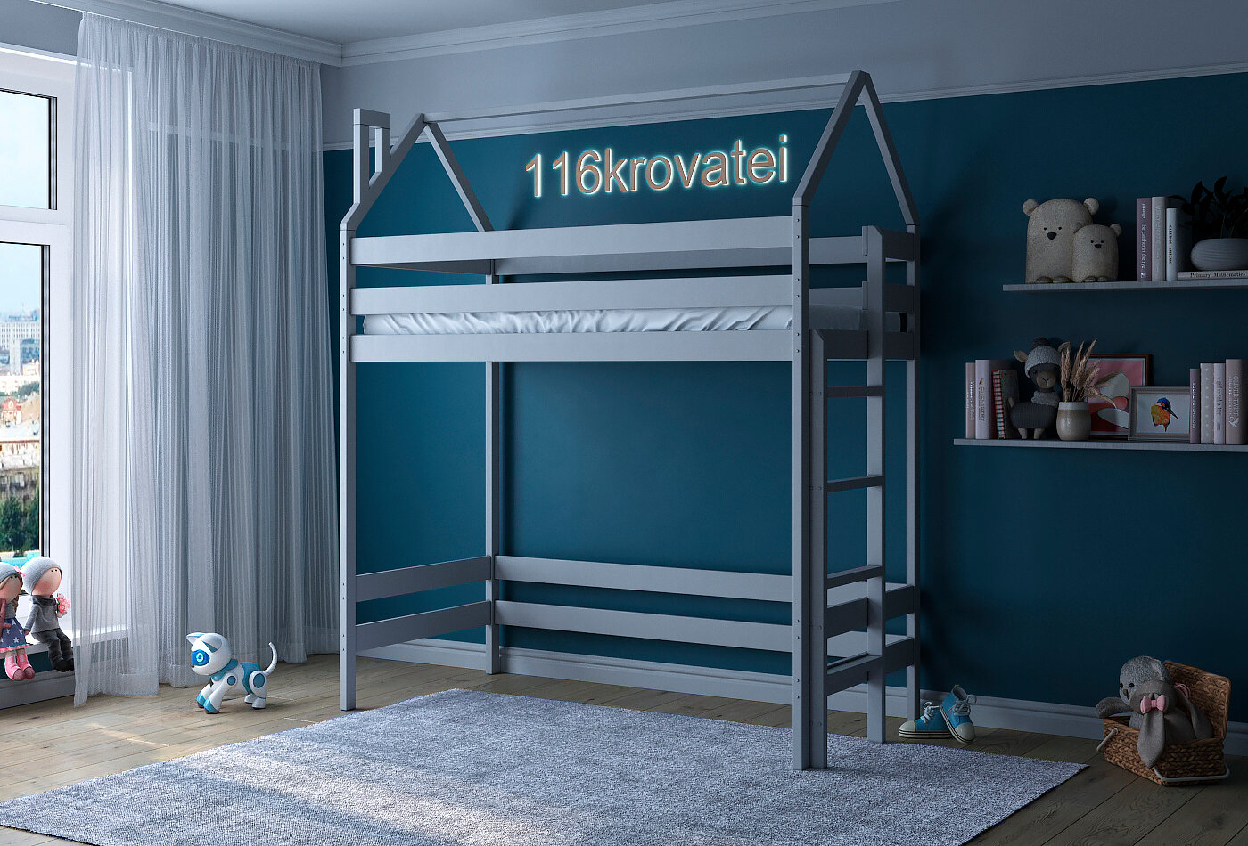 Кровать-чердак с крышей и лестницей с торца 180*80 серая