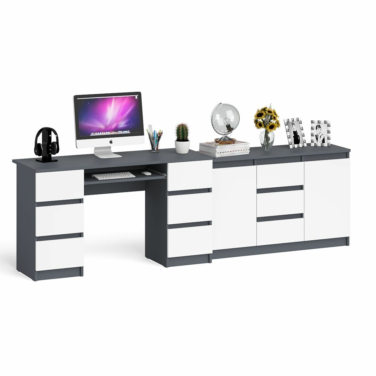 Комод-тумба СВК Мори МК1200.3 со столом компьютерным двухтумбовым цвет графит/белый, 255,8х50х76,6 см.