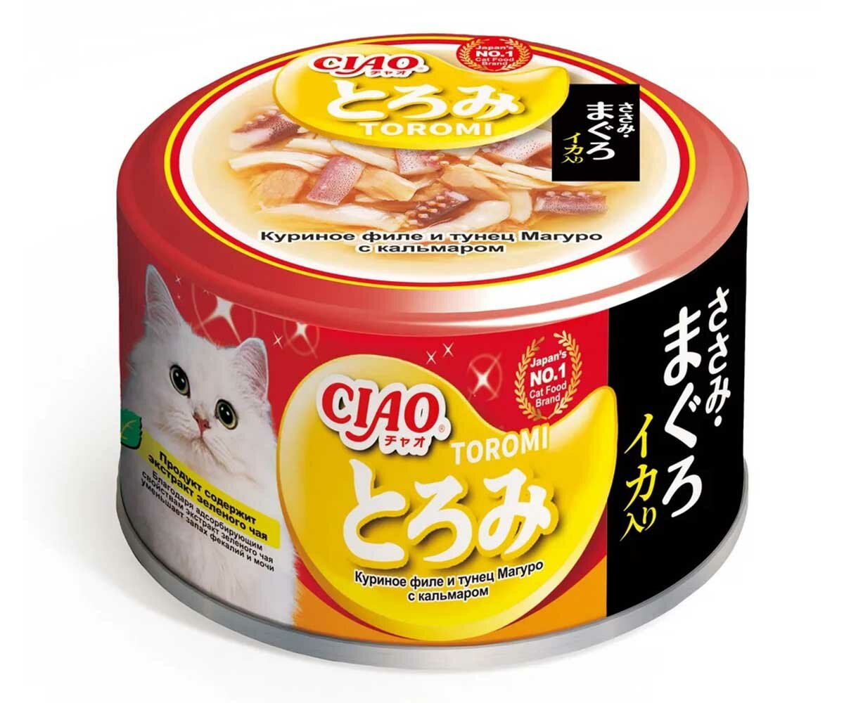 Консервы Inaba ciao toromi для кошек филе курицы, тунец магуро и кальмар в бульоне 80г