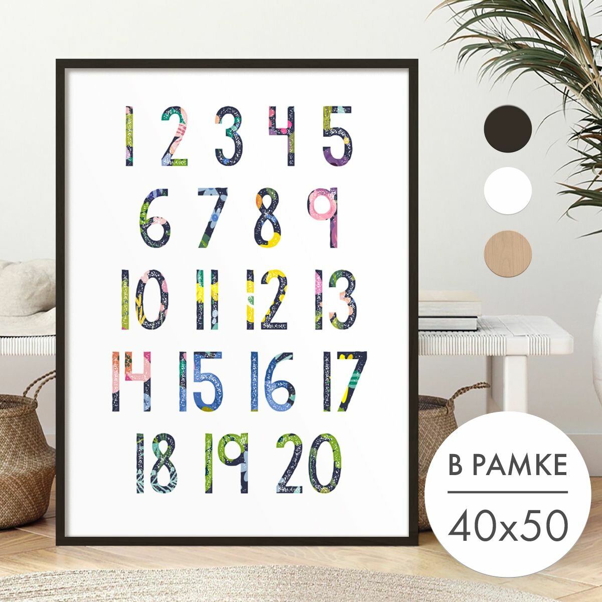 Постер 40х50 В рамке "Цифры до 20 для детей" для интерьера