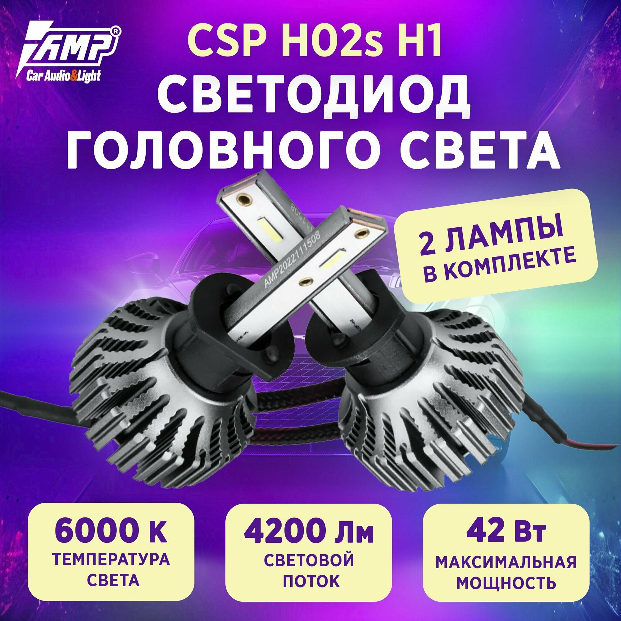Светодиодная лампа для авто AMP CSP H02s H1 2ШТ 21 Вт 6000K, 4200 Лм