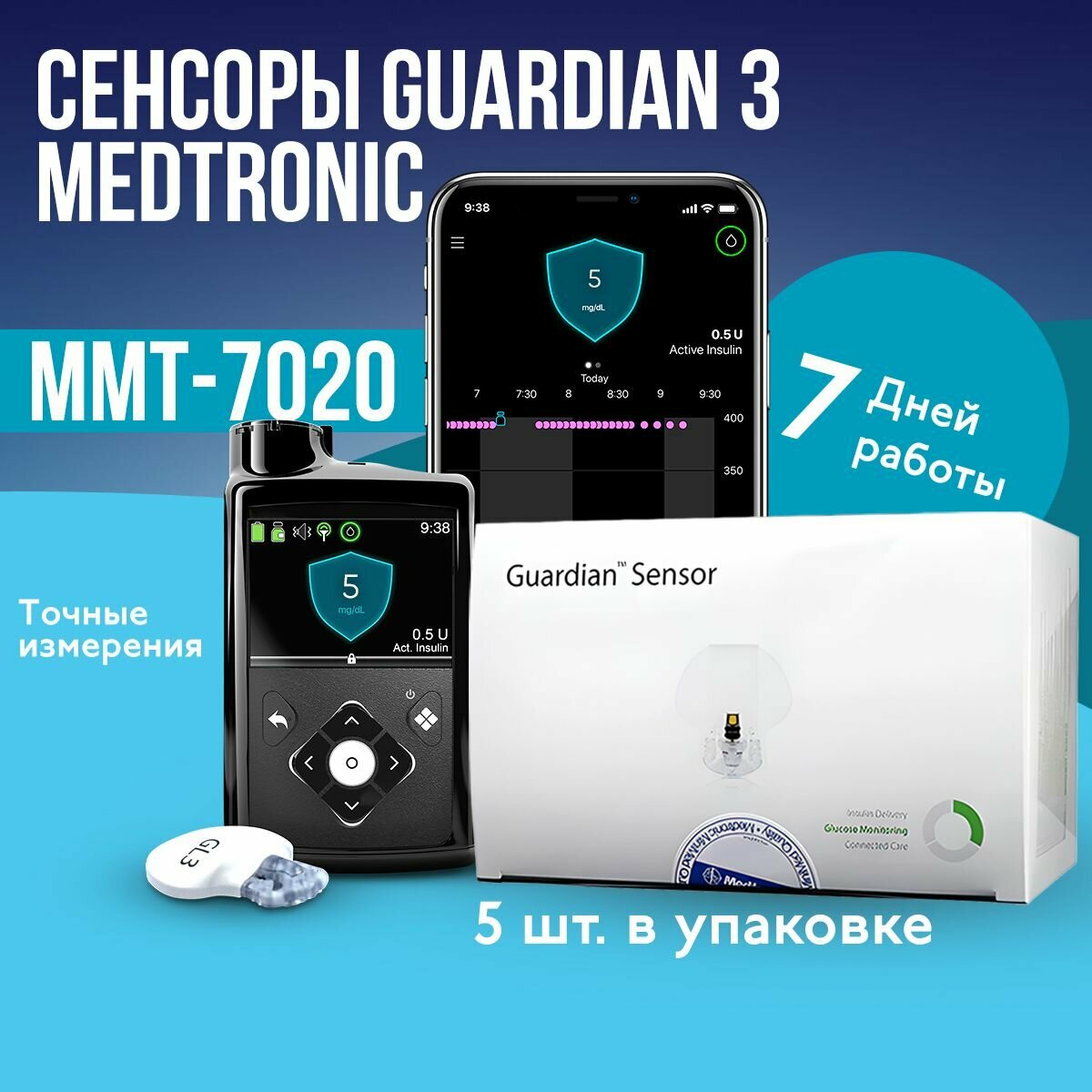 Датчики глюкозы Medtronic Guardian 3 ММТ-7020 без прокола пальца, 5 шт.