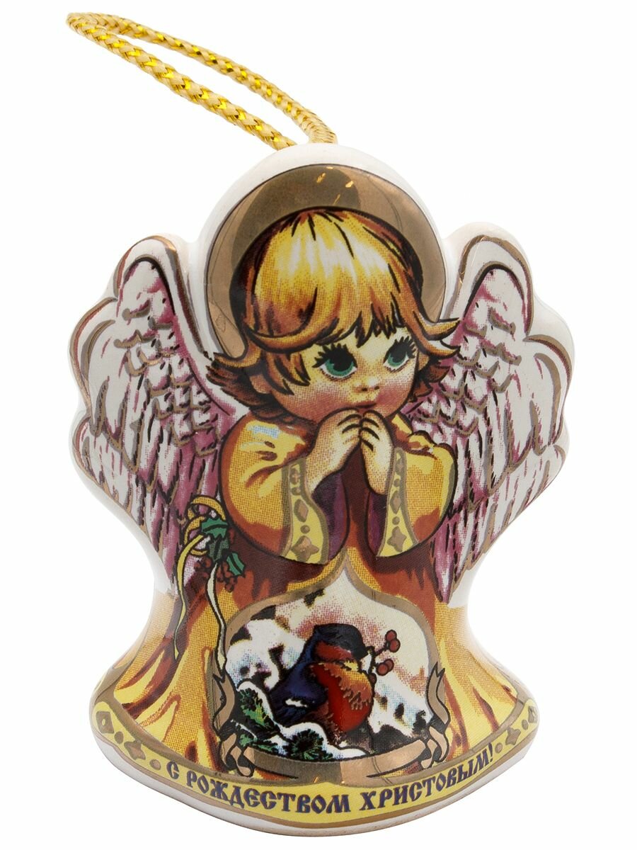 Елочная игрушка "Рождественский колокольчик Ангел - С Рождеством Христовым!", керамика (высота - 6 см).