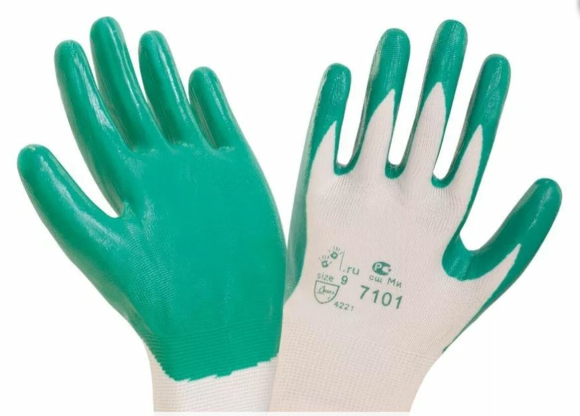 Перчатки трикотажные, нитриловое покрытие, бело-зеленые, 2Hands
