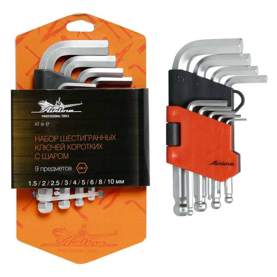 AIRLINE AT-9-17 Набор шестигранных ключей коротких с шаром 9 предметов (1.5,2,2.5,3,4,5,6,8,10мм) пласт. подвес (AT-9