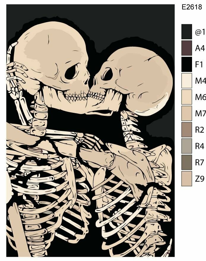 Детская картина по номерам E2618 "Пара целующихся скелетов" 20x30