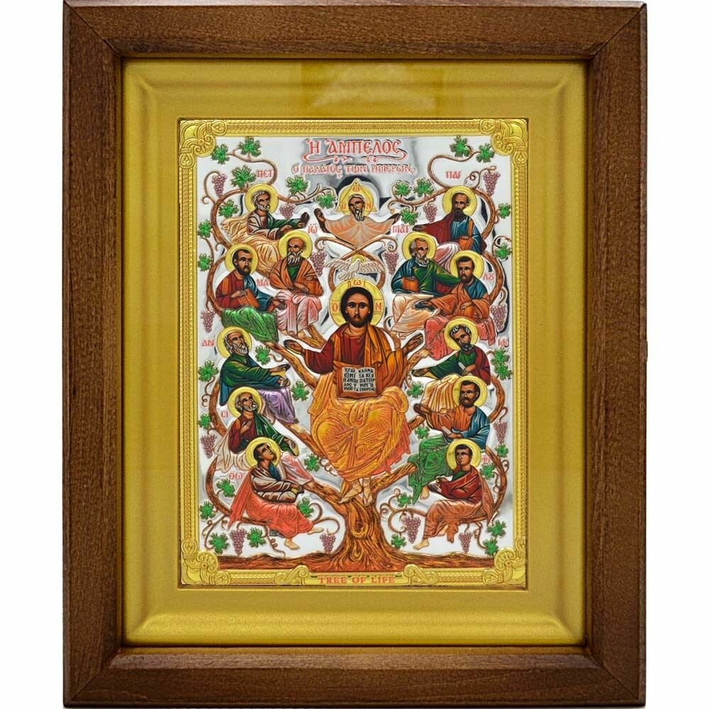 Древо жизни. Икона в серебряном окладе, в деревянном киоте. (13,5 х 18,5 см / 20 х 25 х 6 см / В киоте под стеклом (с цветным лаком))