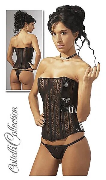 Кружевной топ и стринги со вставками из винила от Cottelli COllection, чёрный
