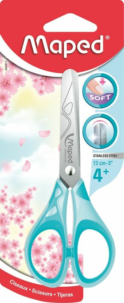 Ножницы 13 см, MAPED PULSE SOFT PASTEL, с прорезиненными ручками и закругленными лезвиями, пастельные цвета, симметричные, в блистере